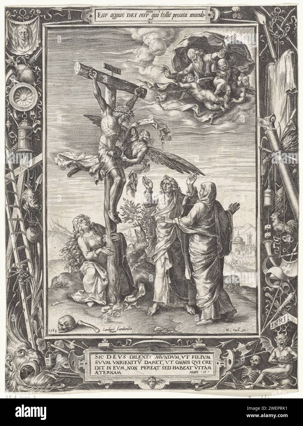 Kruisiging, anonymous, after Lambert Lombard, 1563 print Christ hangs on the cross. An angel ...