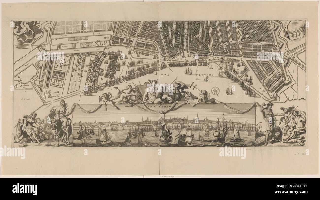 Map of Amsterdam with cityscape (bottom part), Anonymous, 1691 - 1693 print Lower part of a map ...