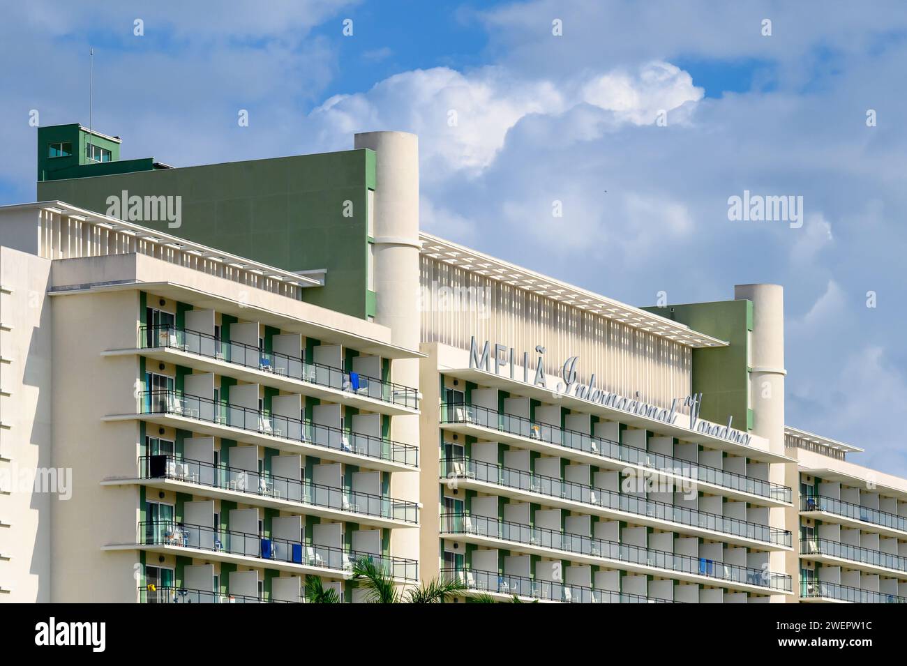 Business sign and facade of Melia International Hotel or Resort in ...