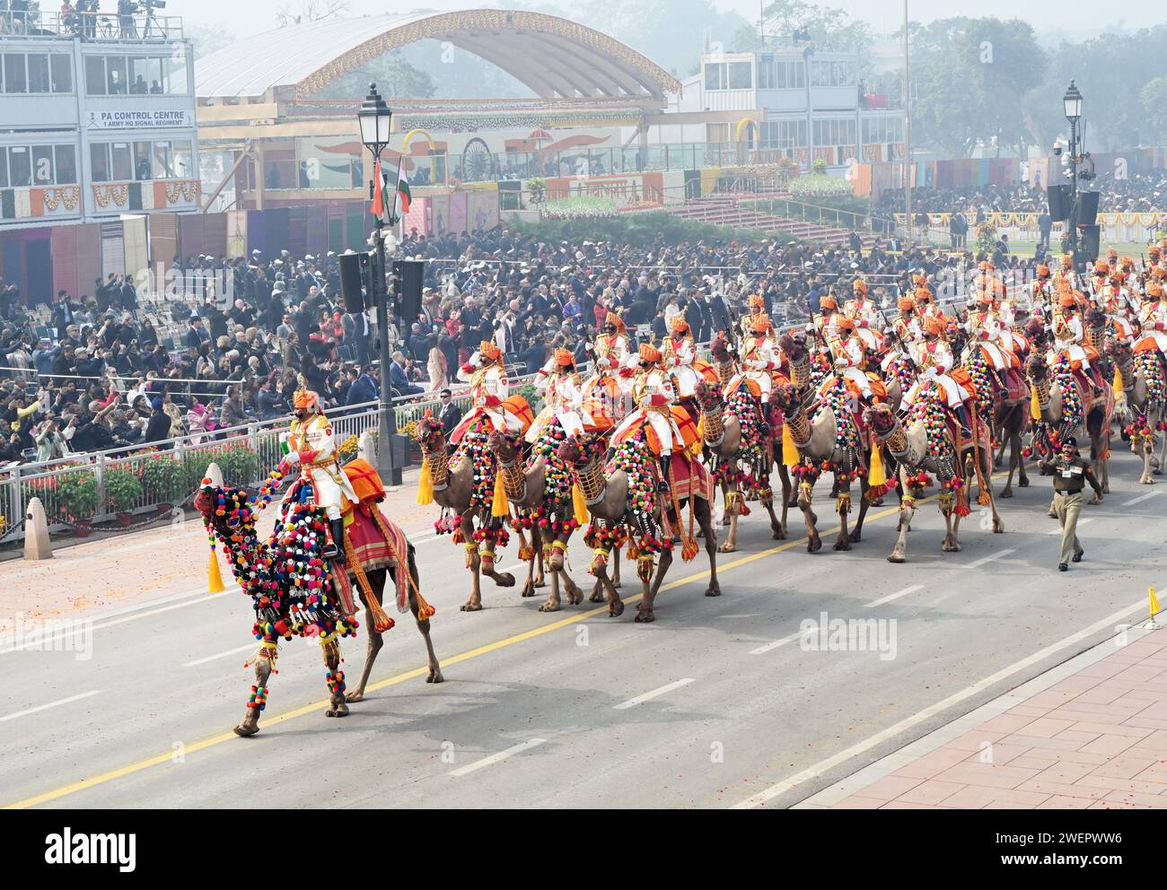 NEW DELHI, INDIA - JANUARY 26: Camel mounted contingent of Border Security Force (BSF) marches ...