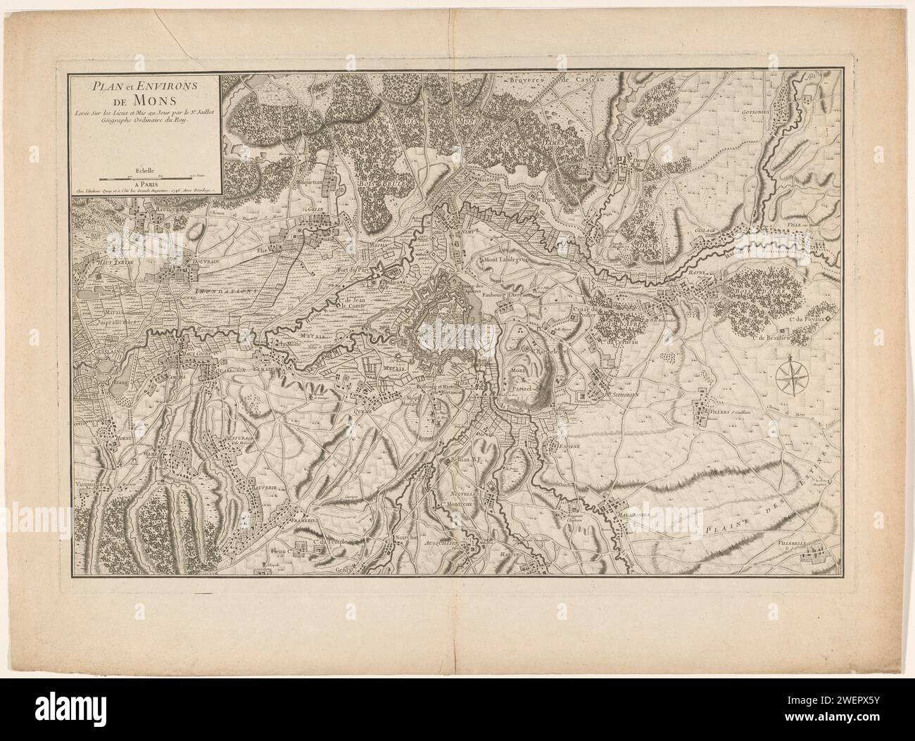 Map of Bergen (Mons) and its surroundings, Anonymous, 1746 print Map of ...