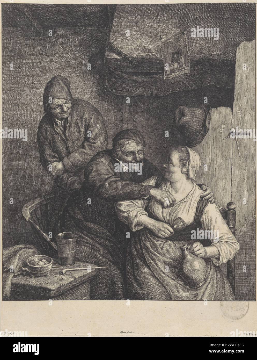 Inn scene with three figures by a fireplace, Jan de Visscher, after ...