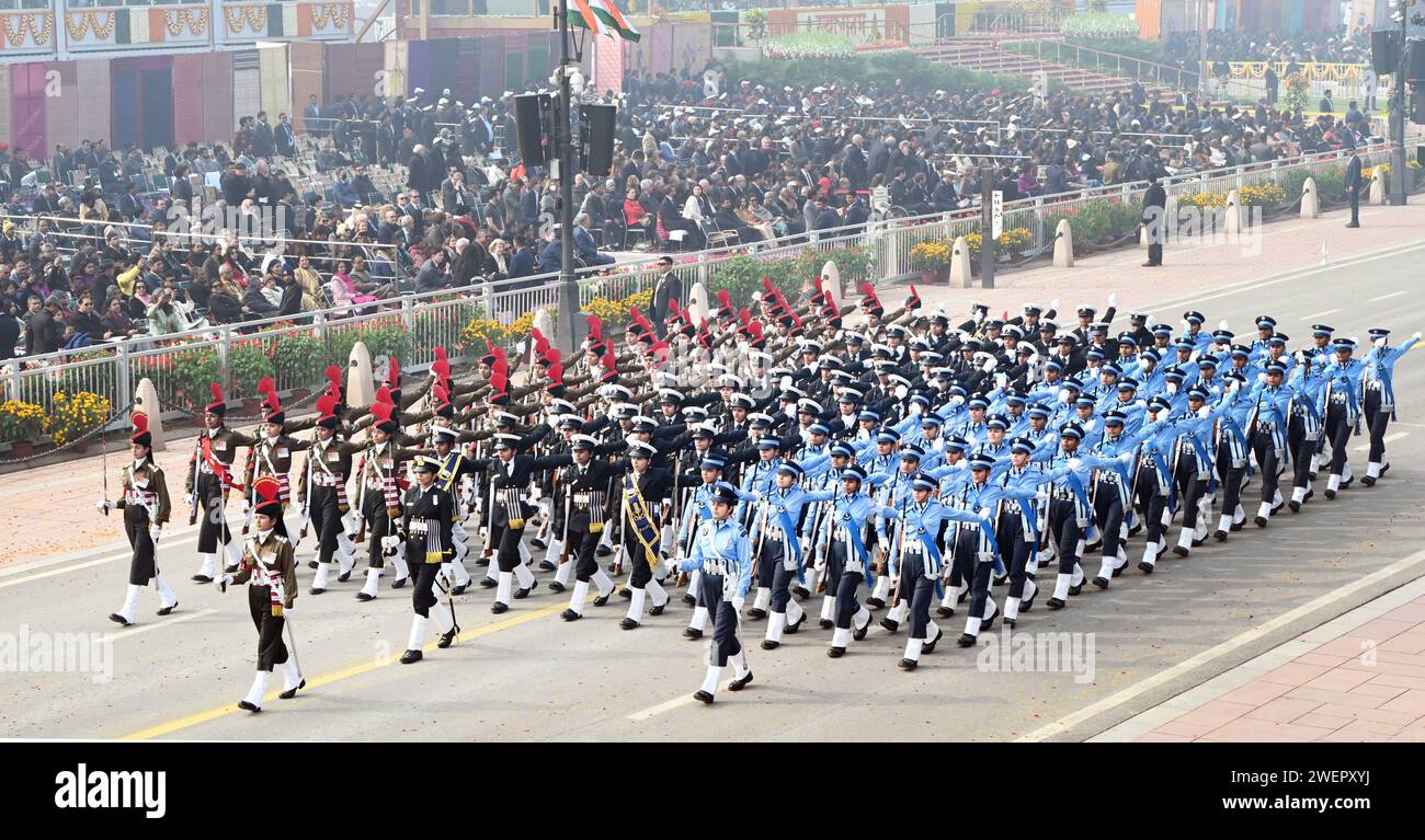 NEW DELHI, INDIA - JANUARY 26: An all women contingent from Tri Services marches past the ...