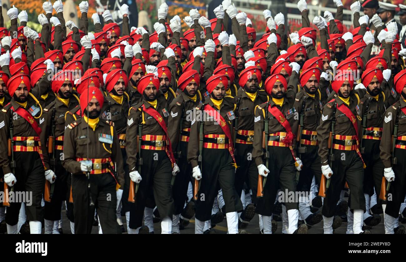 NEW DELHI, INDIA - JANUARY 26: A contingent of the Sikh Regiment marches past the saluting Base ...