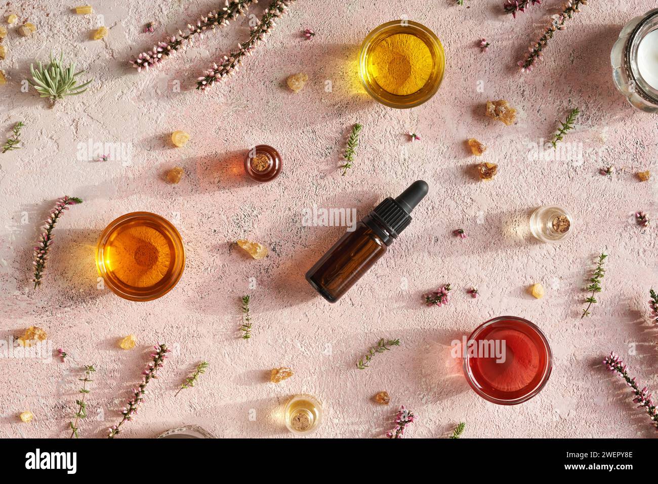 Bright pink background with bottles of aromatherapy essential oil with ...