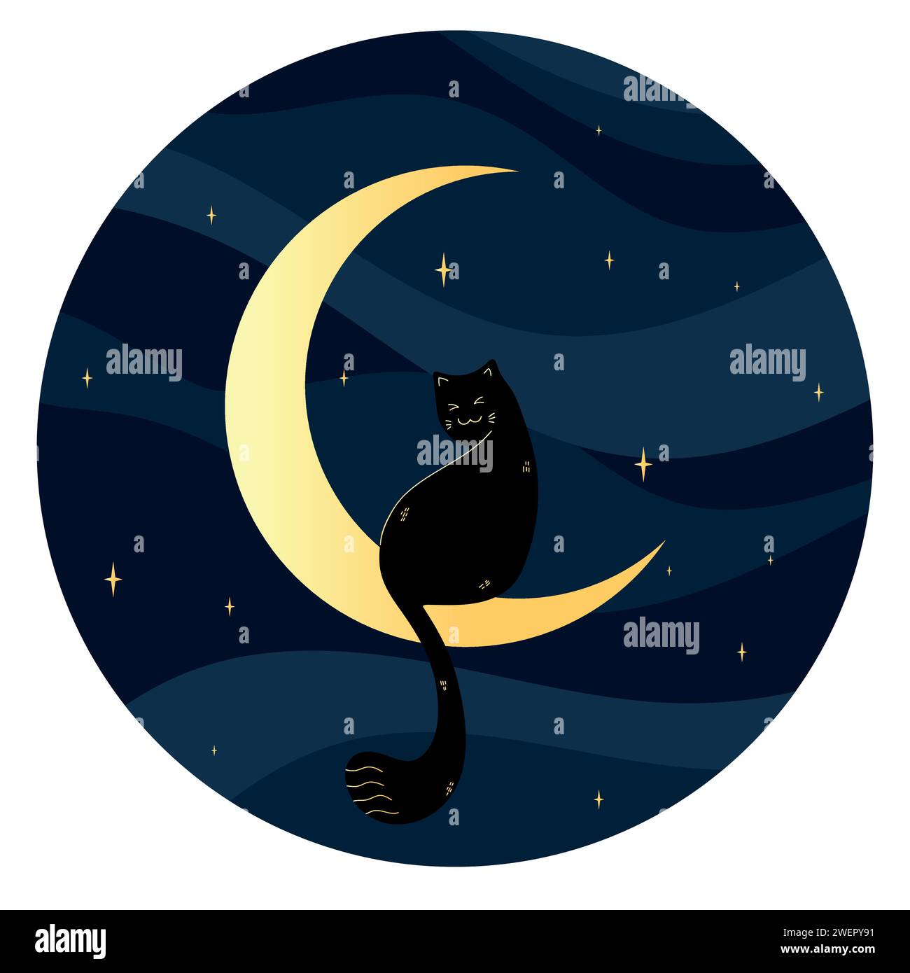 Cute black cat sitting on a crescent on night sky background. Vector ...