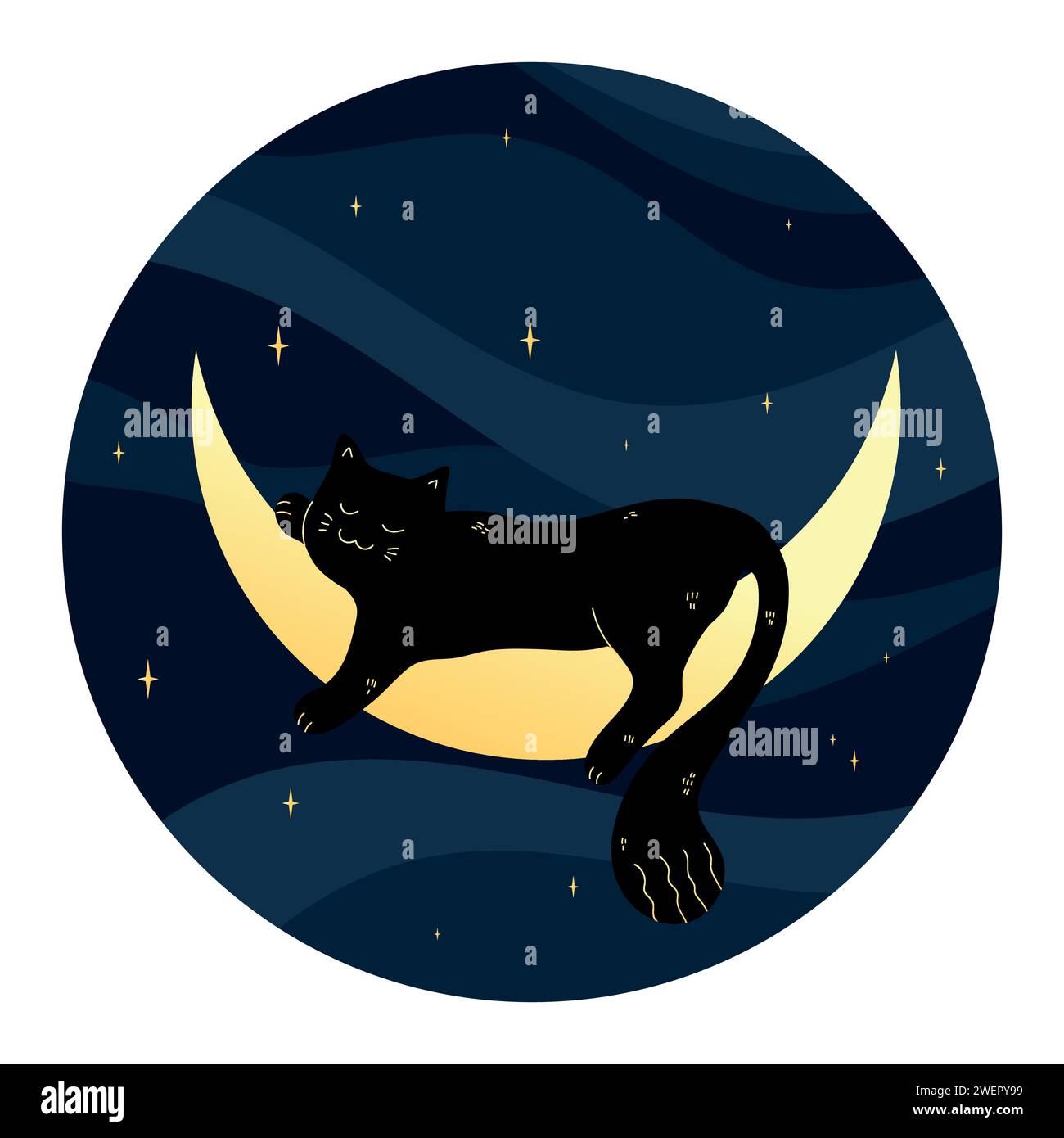 Cute black cat sleeping on a crescent on night sky background. Vector ...