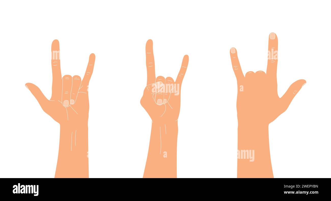 Hard rock horns sign. Rock hand sign hands set. Vector illustration ...