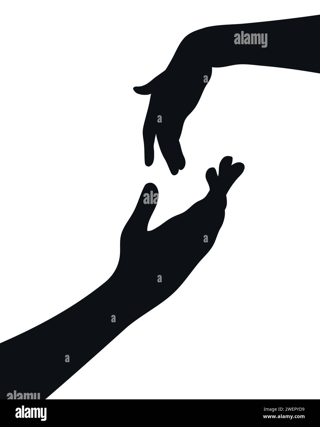 Hands silhouettes. Man hand asks for a woman hand. Man gives hand to ...