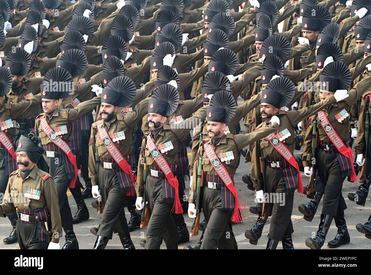 NEW DELHI, INDIA - JANUARY 26: A contingent of the Rajputana Rifles marches past the saluting ...