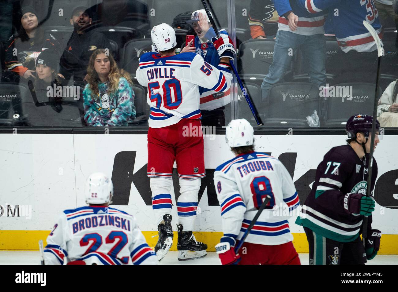 New York Rangers left wing Will Cuylle (50) celebrates his goal during ...