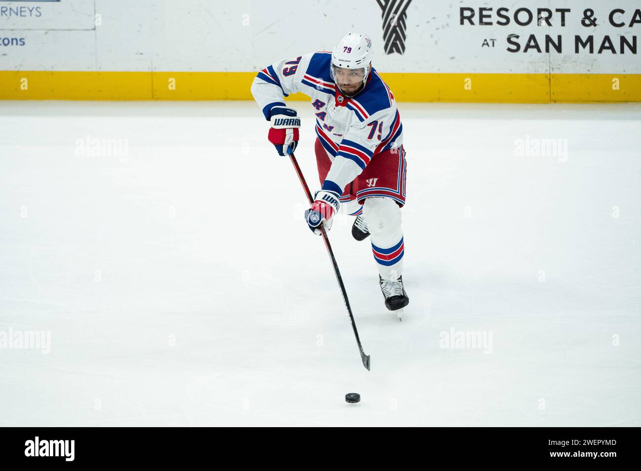 New York Rangers defenseman K'Andre Miller (79) passes the puck during ...