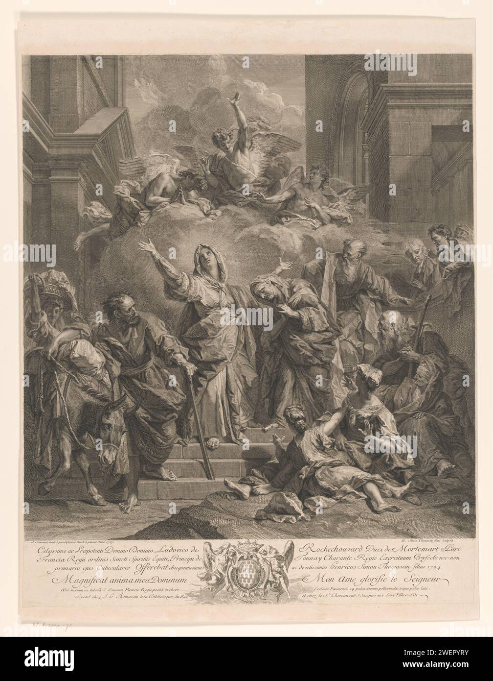 Loflied van Maria (Magnificat), 1724 print Maria stands on a step in ...
