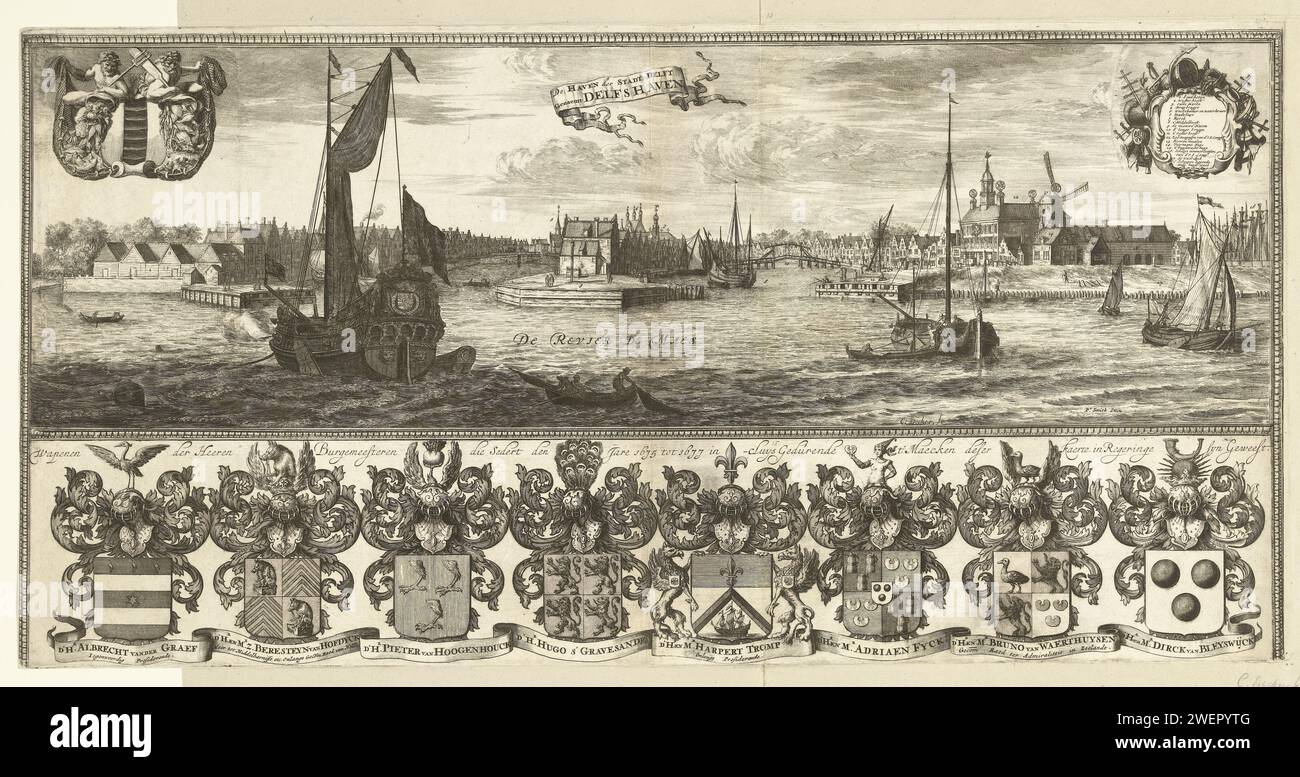 View of Delfshaven and weapons of the mayors of Delft during the years ...