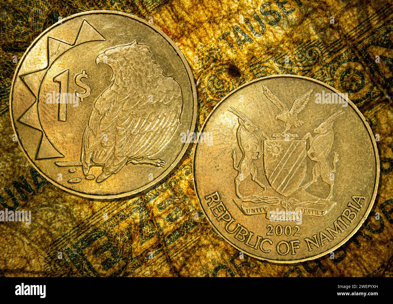 A Golden coin featuring intricate design showcasing Namibian one-dollar ...