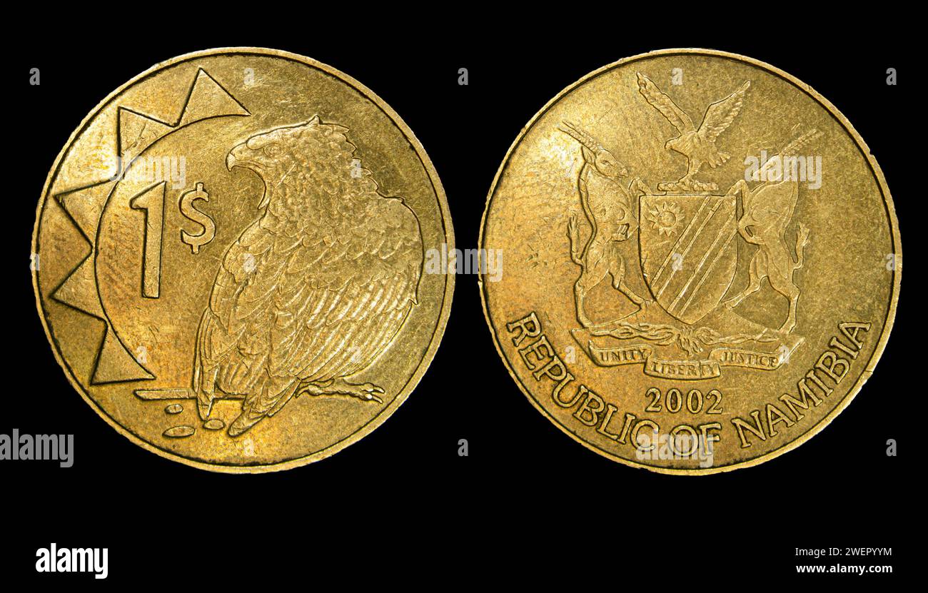 A Golden coin featuring intricate design showcasing Namibian one-dollar ...