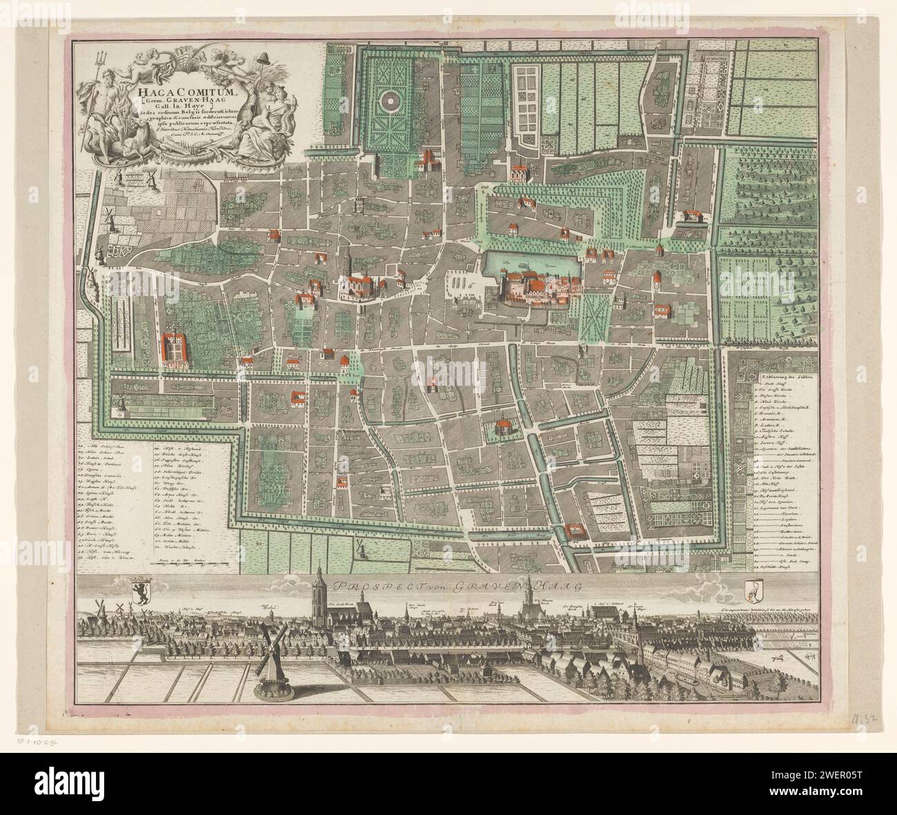 Map of The Hague with cityscape, Anonymous, 1724 - 1806 print Map with ...