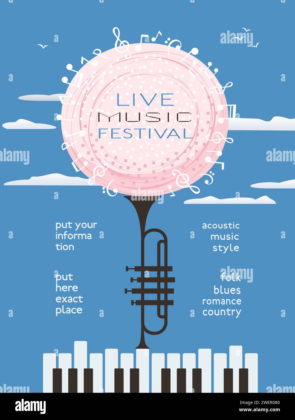 Live Music Festival minimal design vector poster. Piano, trumpet ...