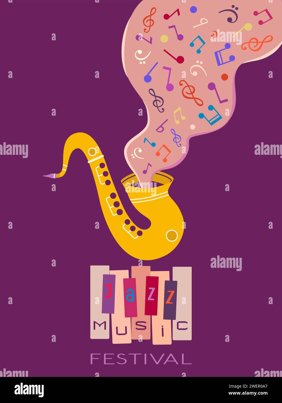 Saxophone Piano Jazz Music Festival fancy hand drawn vector poster. Sax ...