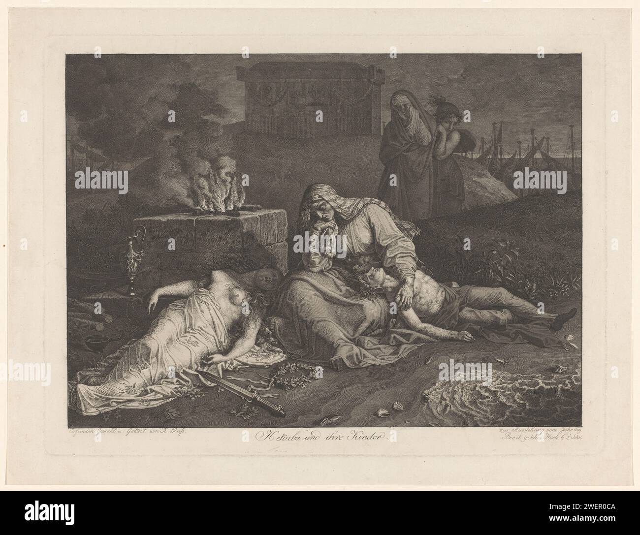 Hecuba Treurend with her killed children, Karl Russ, 1809 print paper ...