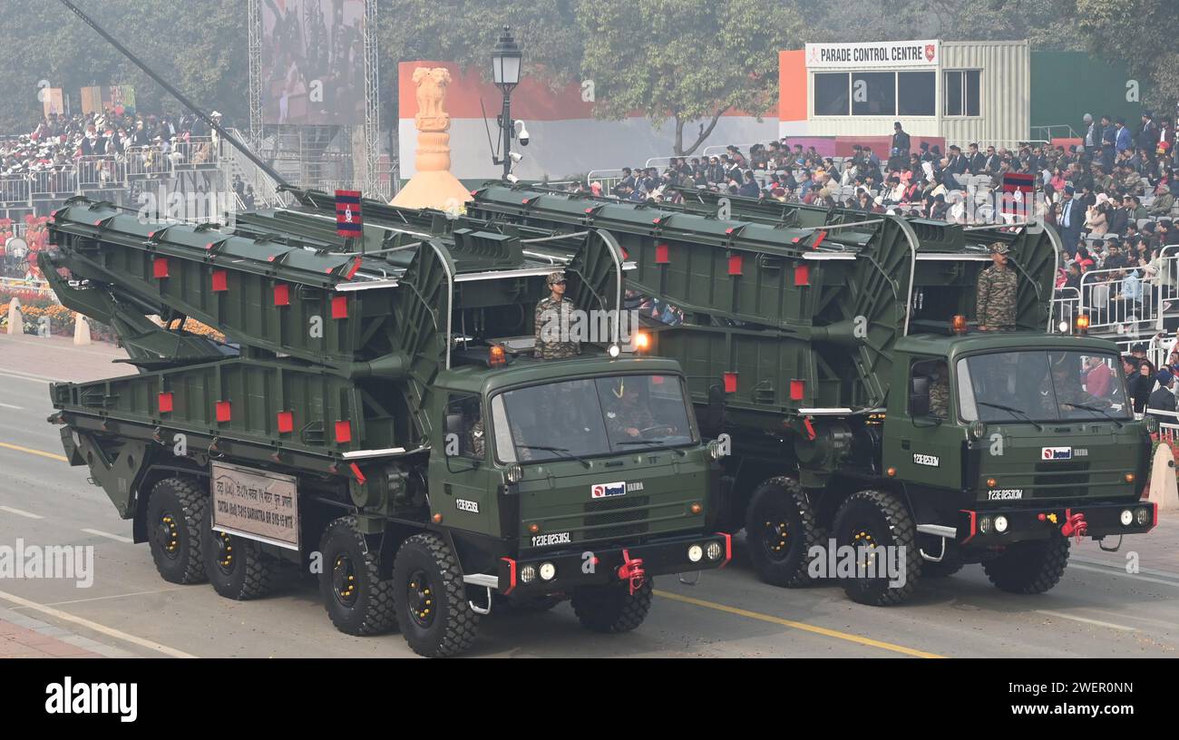 NEW DELHI, INDIA - JANUARY 26: Indian Tatra (8x8) T-815 Sarvatra BR SYS15 MTR on display during ...