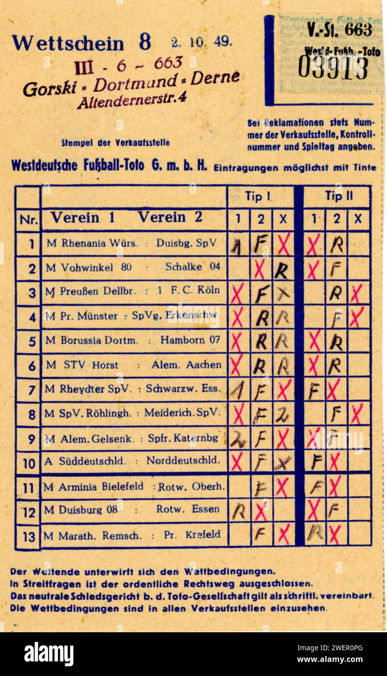 Alte Tippscheine1949 *** Old betting slips1949 Stock Photo - Alamy