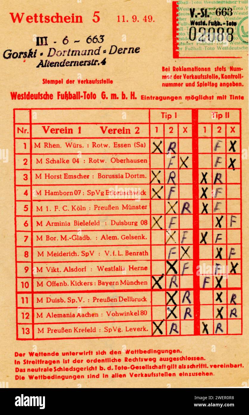 Alte Tippscheine vom 11. September 1949 *** Old betting slips from ...