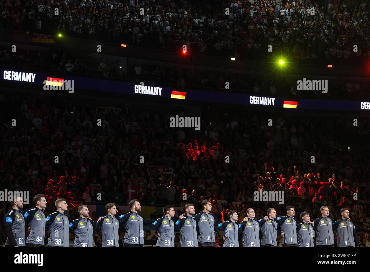Players of Germany line up for the national anthem during the Men's EHF ...