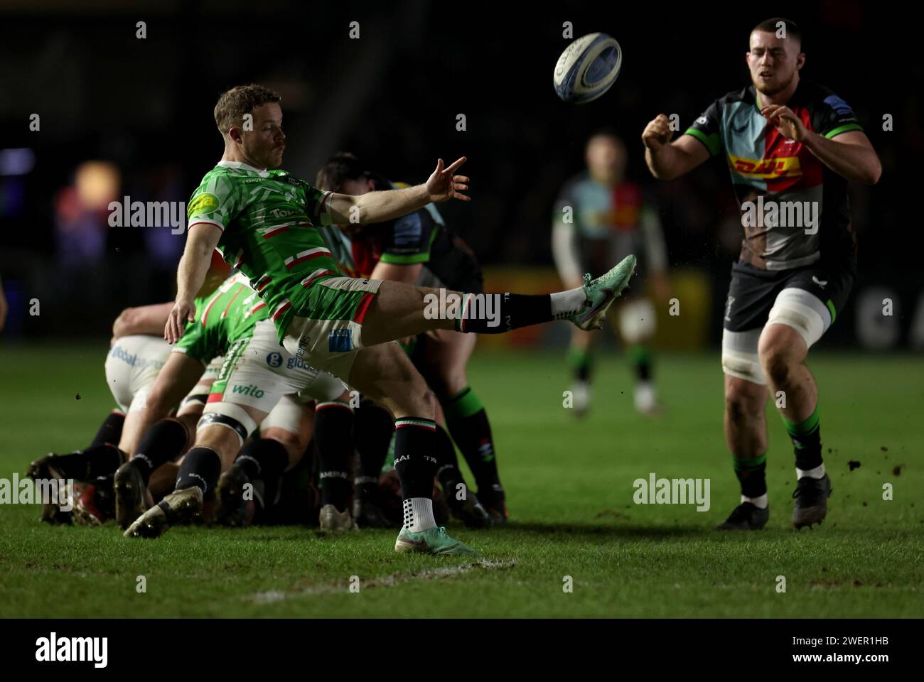 Leicester Tigers' Tom Whiteley kicks clear during the Gallagher ...