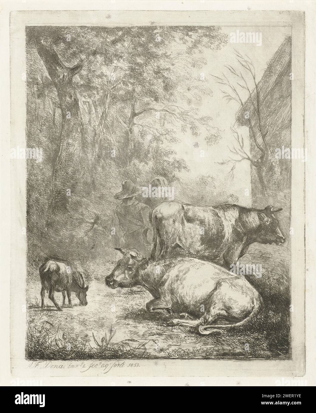 Farmyard with two cows, a goat and a talking couple, Antonie Franciscus ...