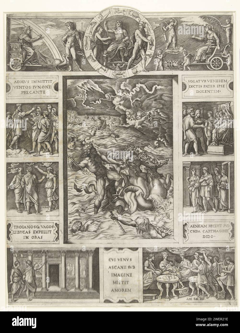 Jupiter calms the storm at sea in rectangular frame with nine scenes ...