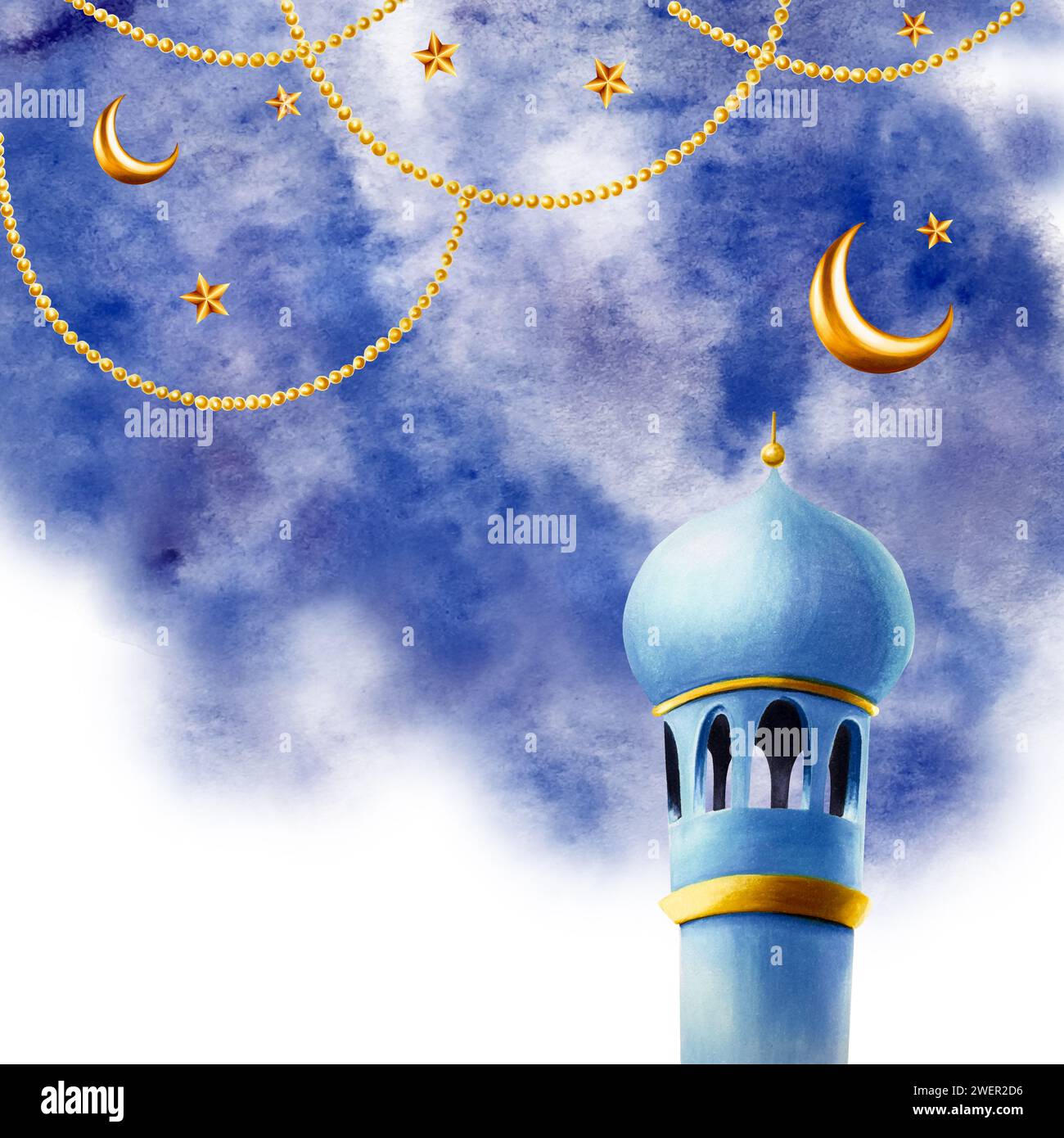 Watercolor Islamic arabian frame with minaret, golden crescent moon ...