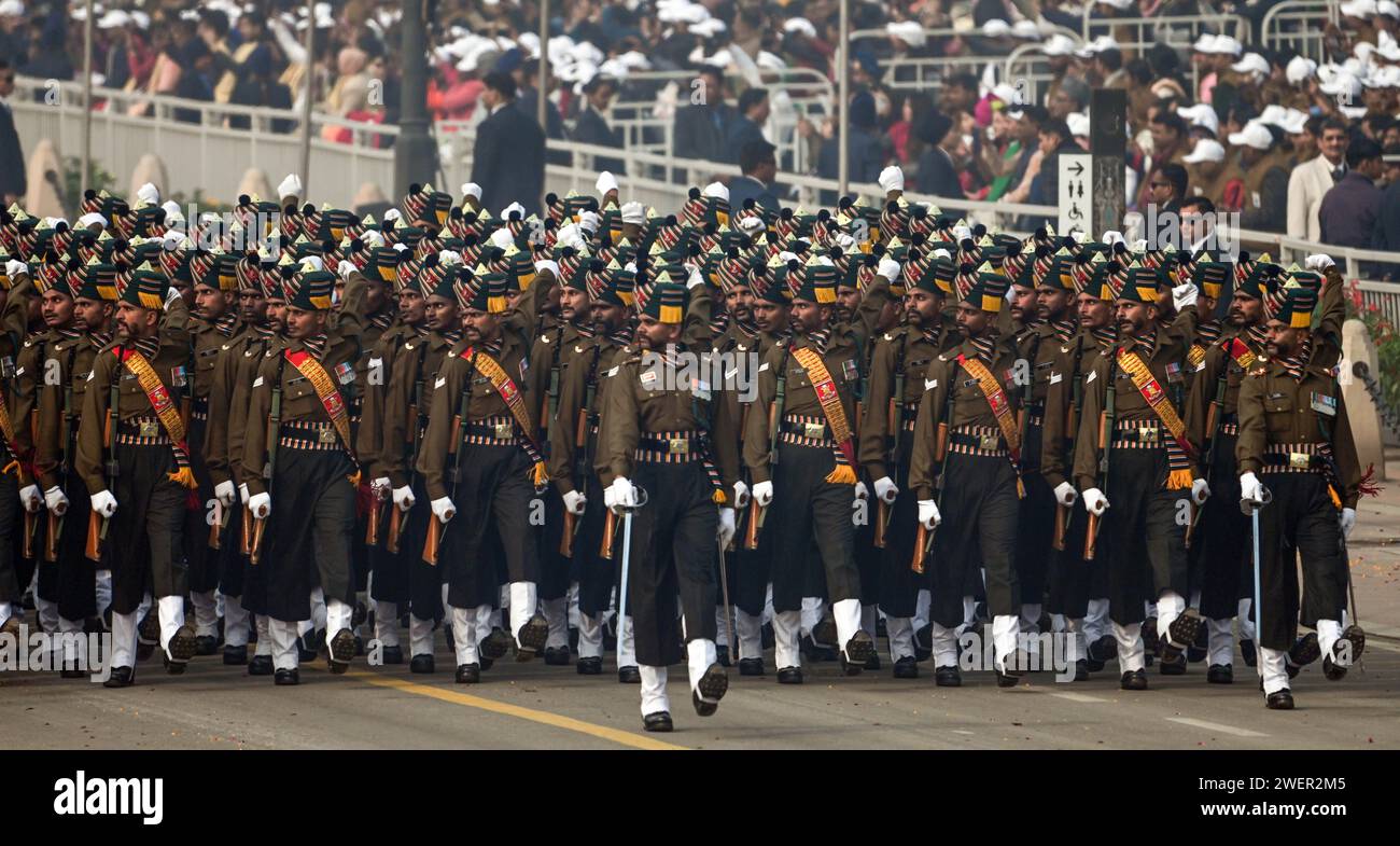 NEW DELHI, INDIA - JANUARY 26: A contingent of the Madras Regiment marches past the saluting ...
