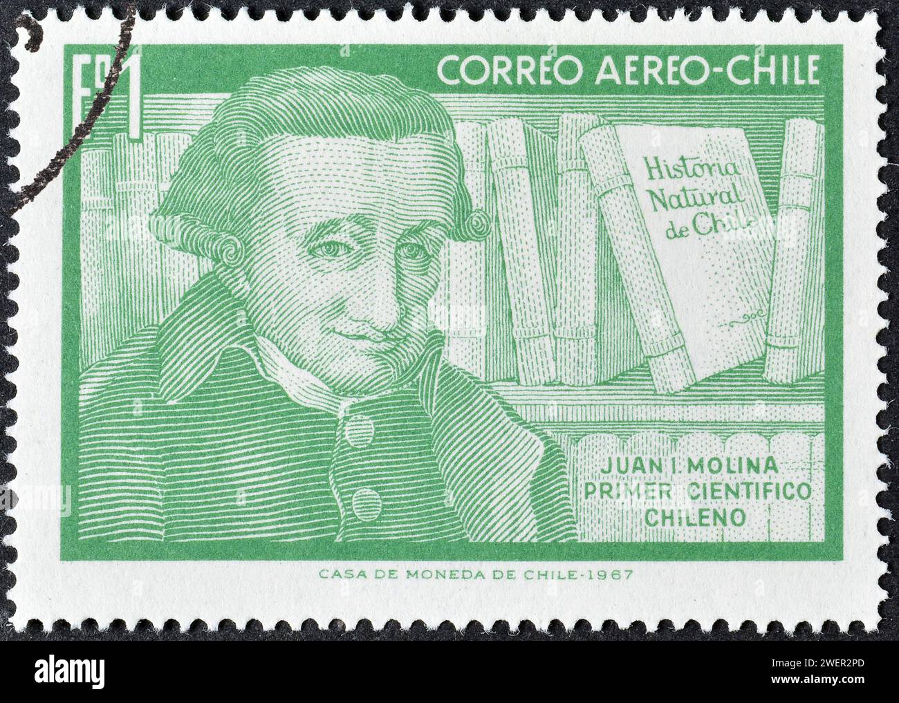 Cancelled postage stamp printed by Chile, that shows portrait of Jesuit ...