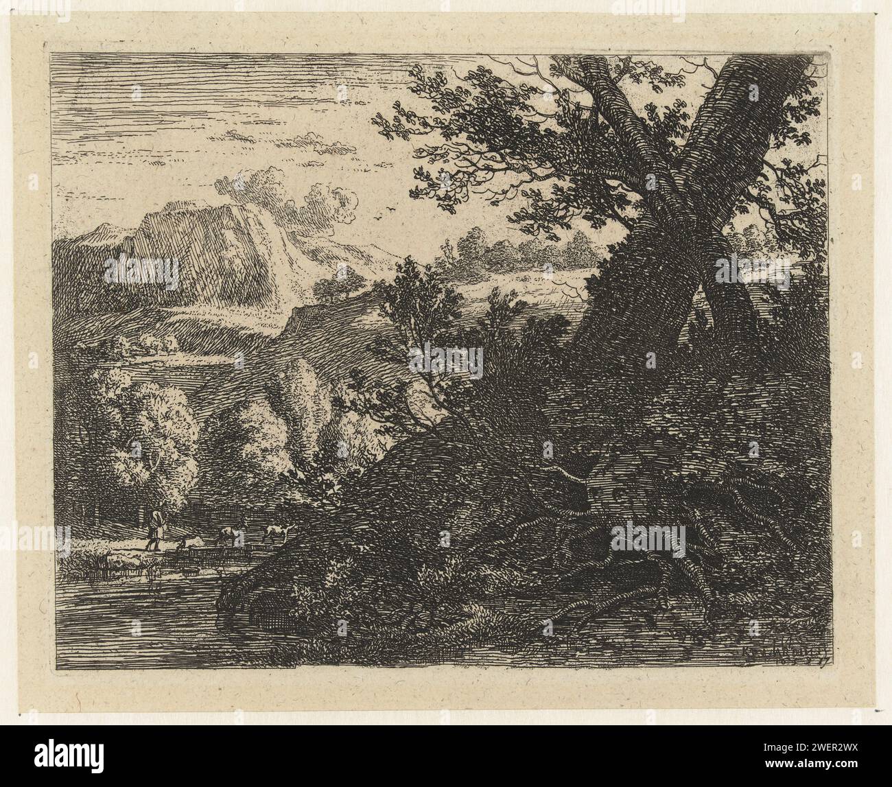 Landscape with tree with exposed roots, Karel du Jardin, 1659 print ...