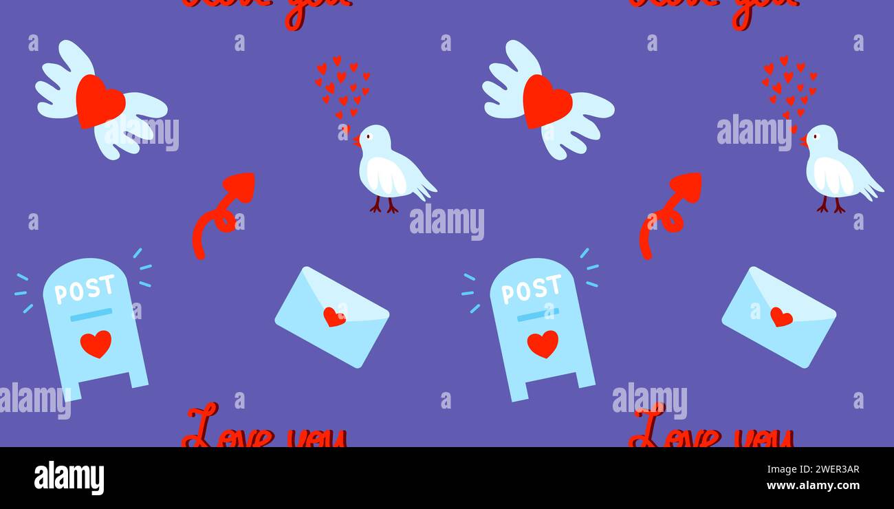 Seamless Valentines day pattern with flying hearts, letter, post box ...