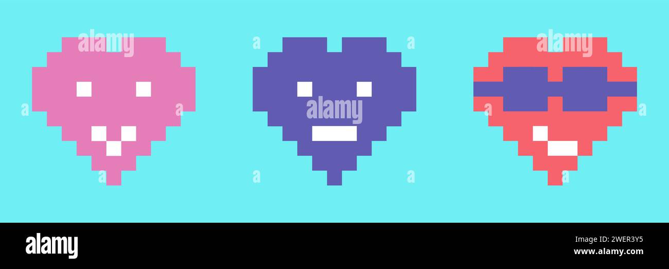 Set of colorful hearts emoticon or emoji in pixel art style, vector ...