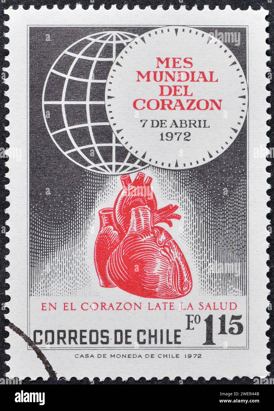 Cancelled postage stamp printed by Chile, that shows Human Heart and ...