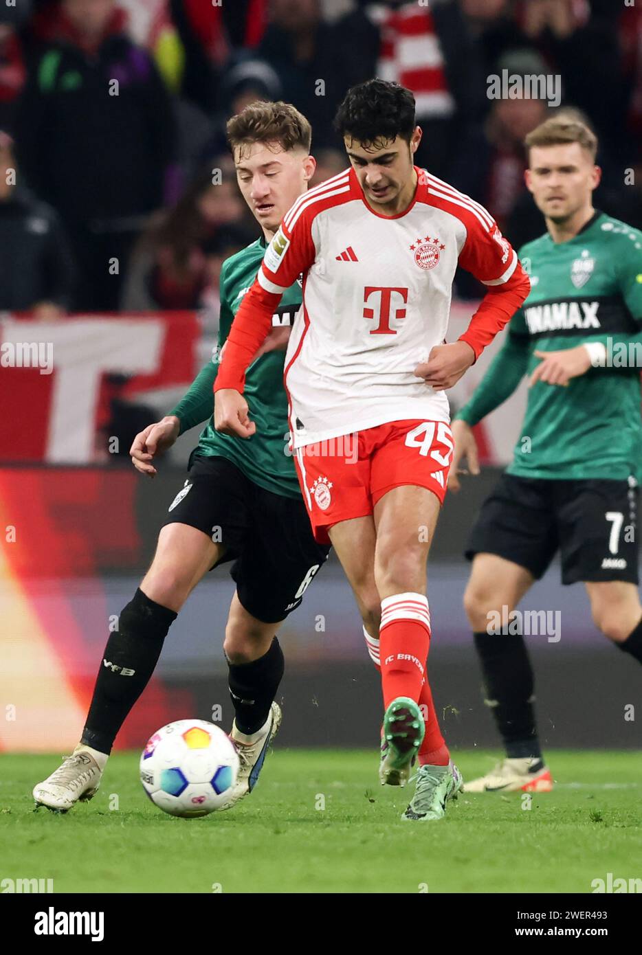 Aleksandar Pavlovic of Bayern Muenchen Angelo Stiller of VFB Stuttgart ...