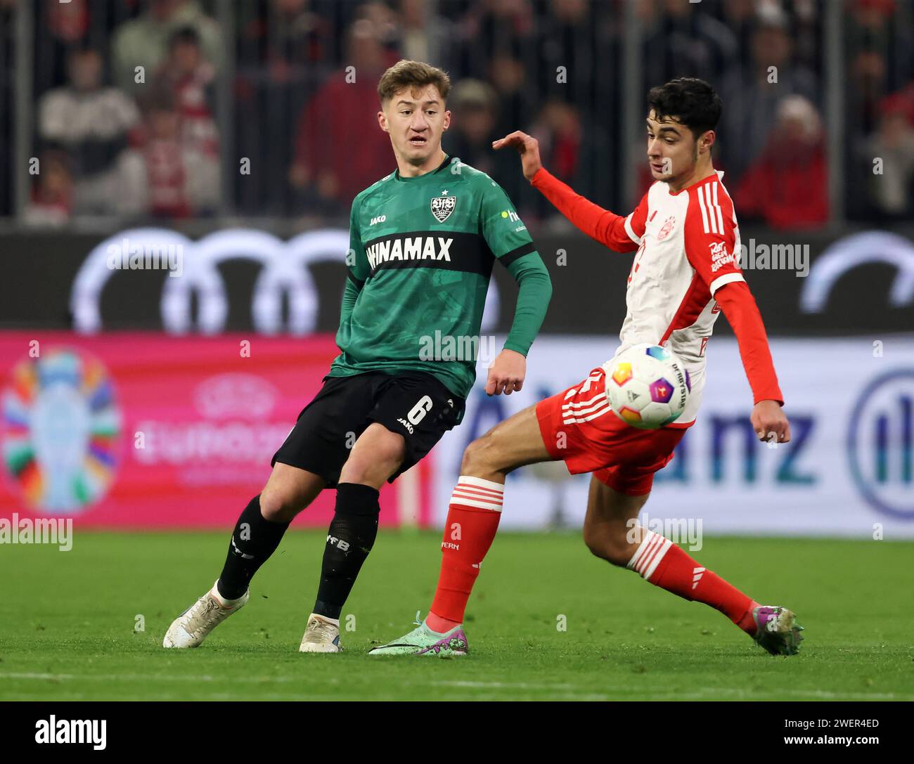 Angelo Stiller of VFB Stuttgart Aleksandar Pavlovic of Bayern Muenchen ...