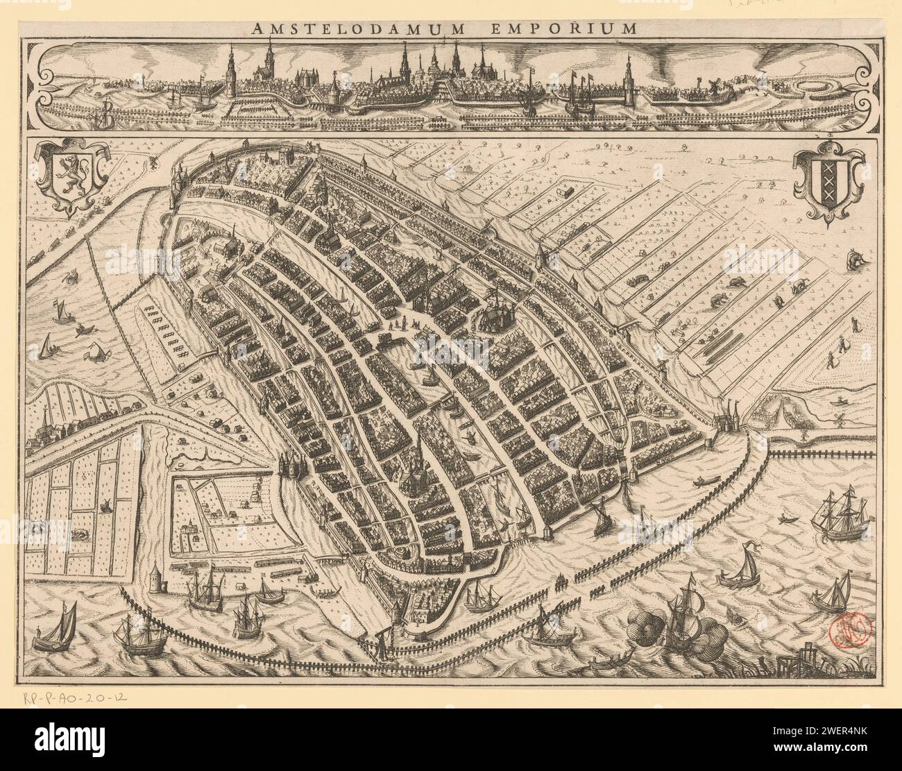 Map of Amsterdam with Cityscape, Anonymous, After Cornelis Anthonisz., 1611 - 1614 print Map in ...