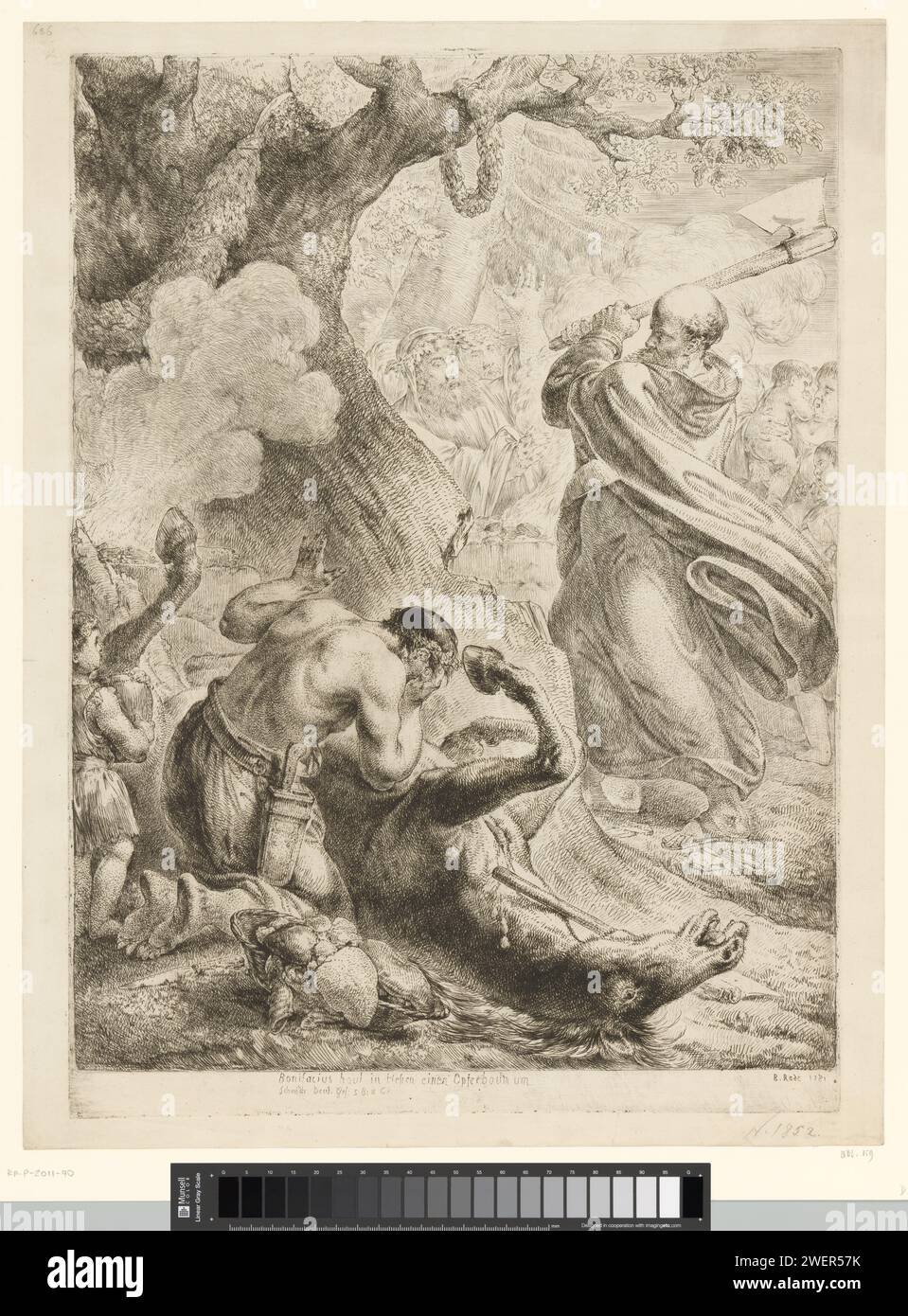 Sint Boniface cuts a holy oak in Hessen, Christian Bernhard Rode, 1781 ...