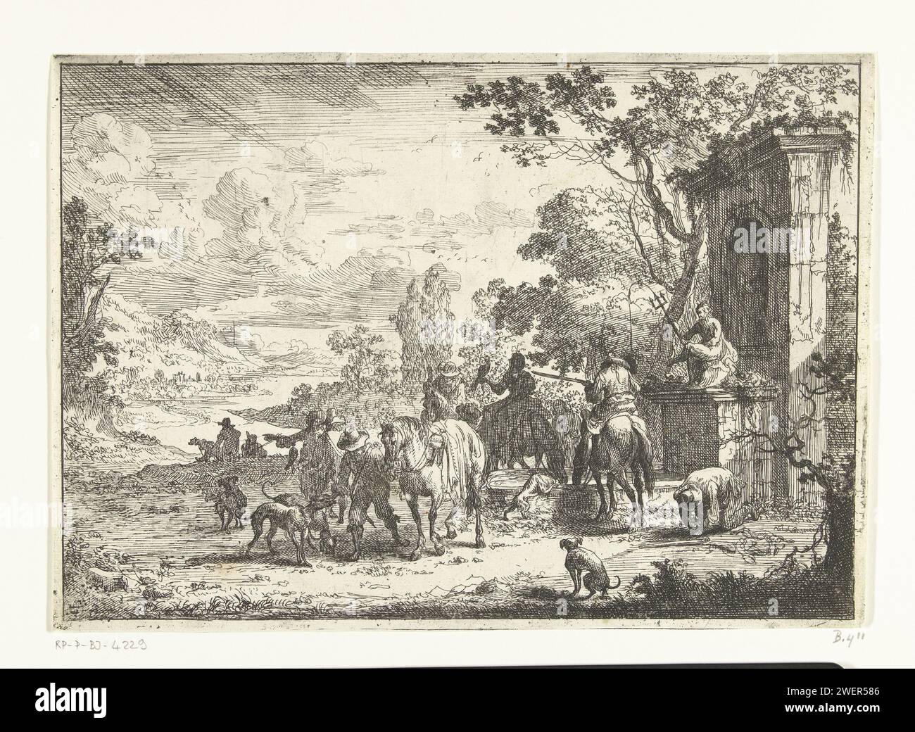 Resting hunters at a Neptunus fountain, Pieter Bout, c. 1664 - c. 1719 ...
