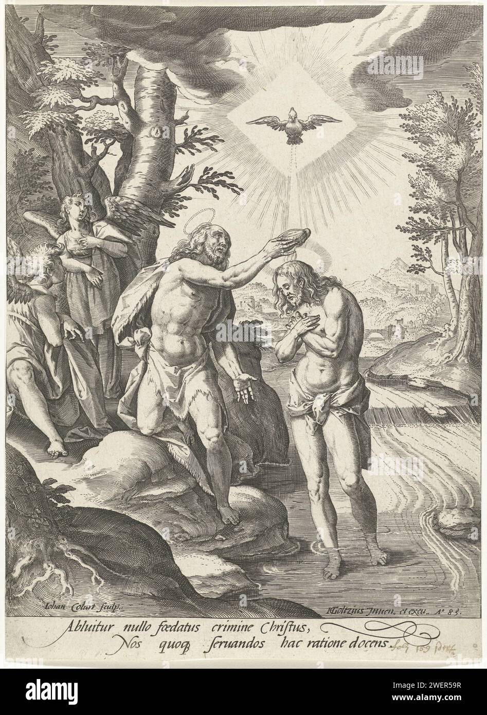Baptism of Christ, 1585 print John the Baptist baptized Christ in the Jordaan. Two angels watch ...