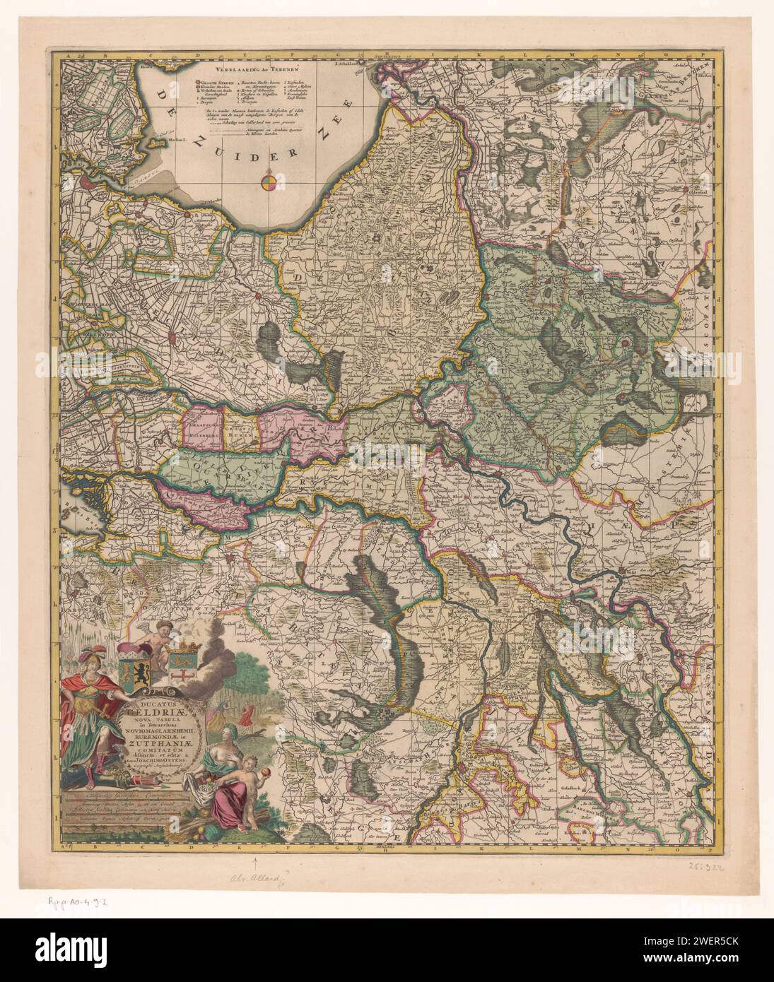Map of Gelderland, Abraham Allard, 1725 - 1750 print Bottom left the ...
