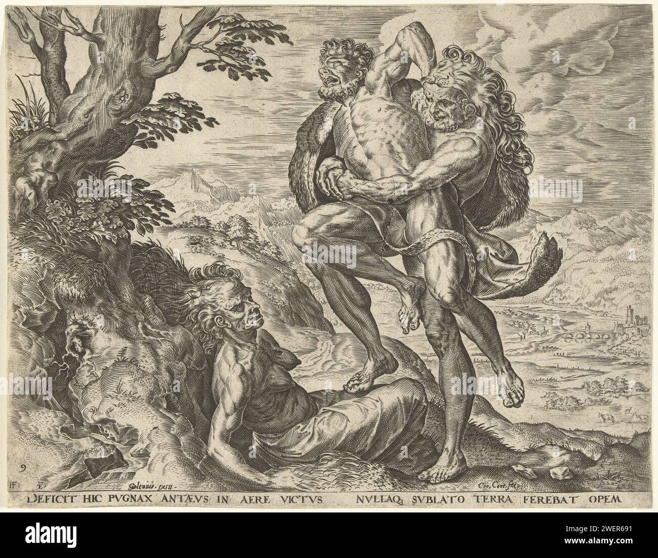 Hercules worstelt met Antaeus, Cornelis Cort, after Frans Floris (I ...