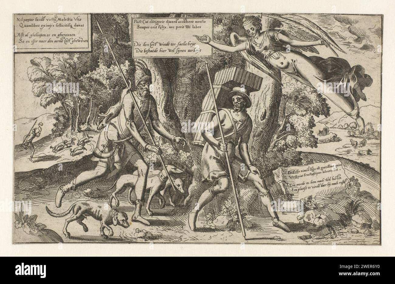 Allegory of labor and peace, c. 1570 print A hunter with his dogs and a ...