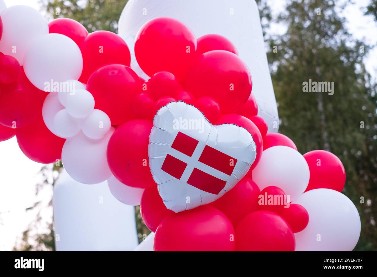 Danish flag with red and white balloons Stock Photo - Alamy