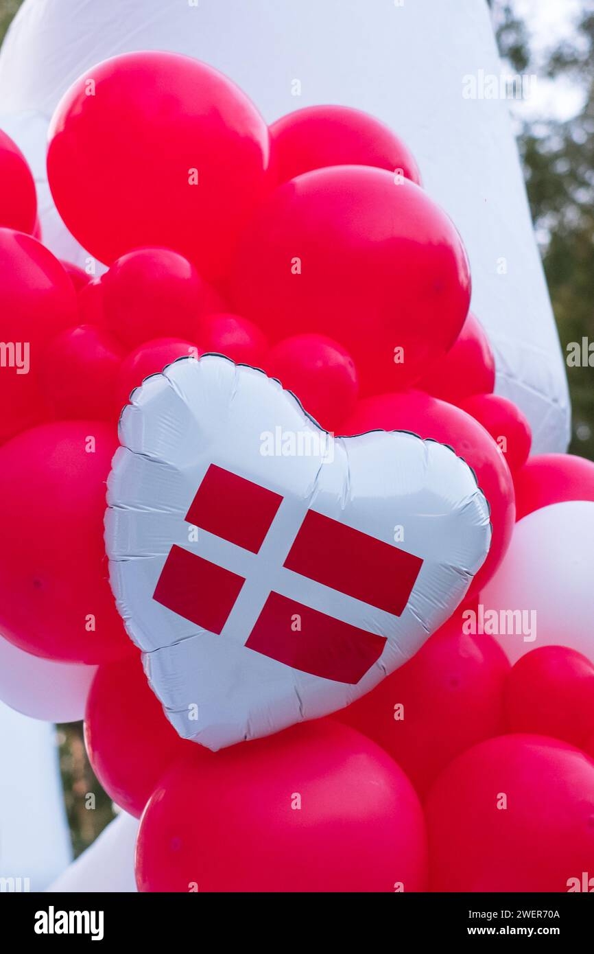 Danish flag with red and white balloons Stock Photo - Alamy