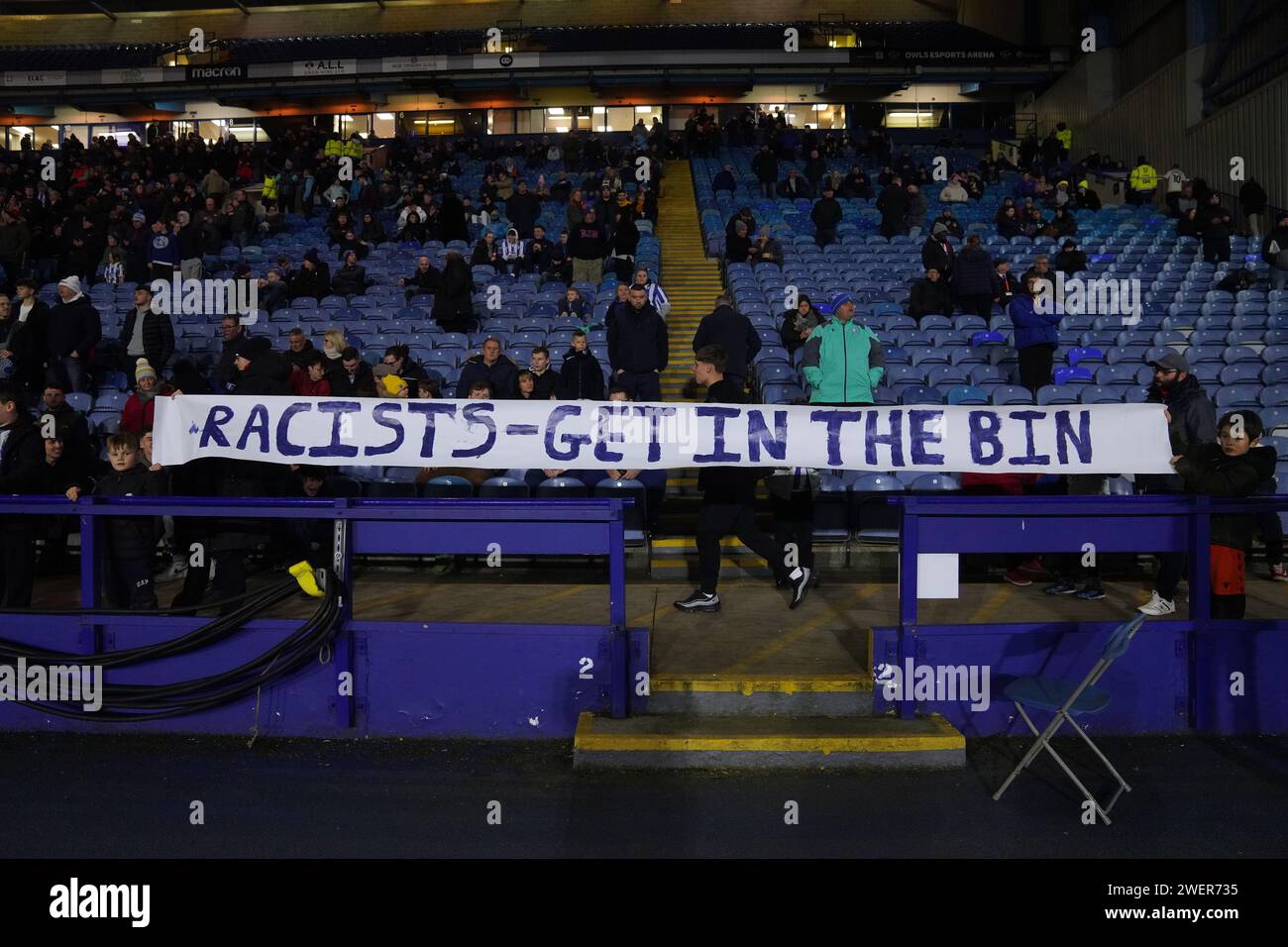 Sheffield Wednesday fans with a banner that reads Racists get in the ...